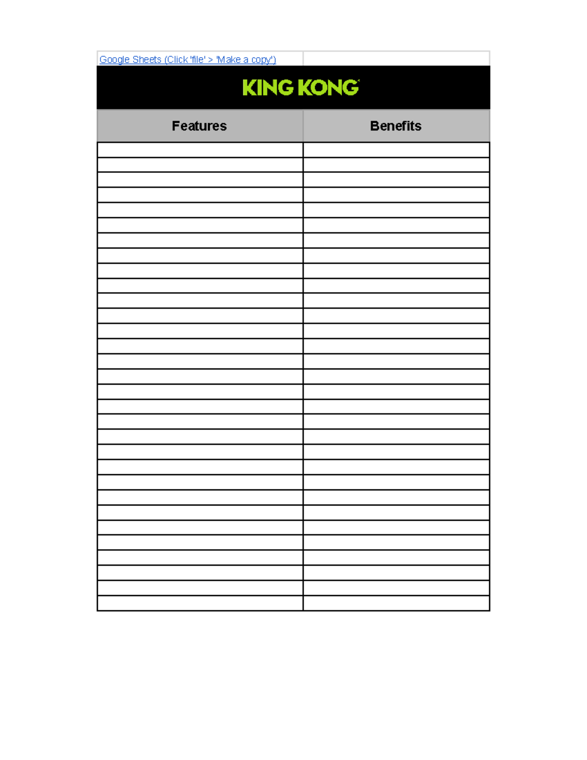 Featrures Benefits List - Google Sheets (Click 'file' > 'Make a copy ...