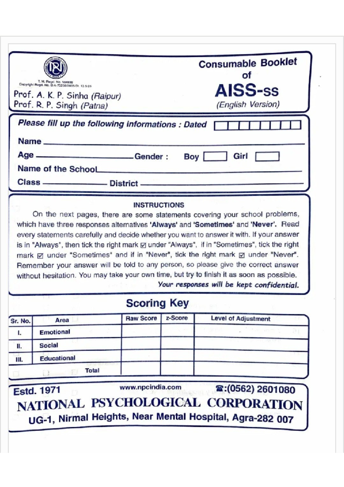 Adjustment Inventory for School Students (Eng.) - RP17 Consumable ...