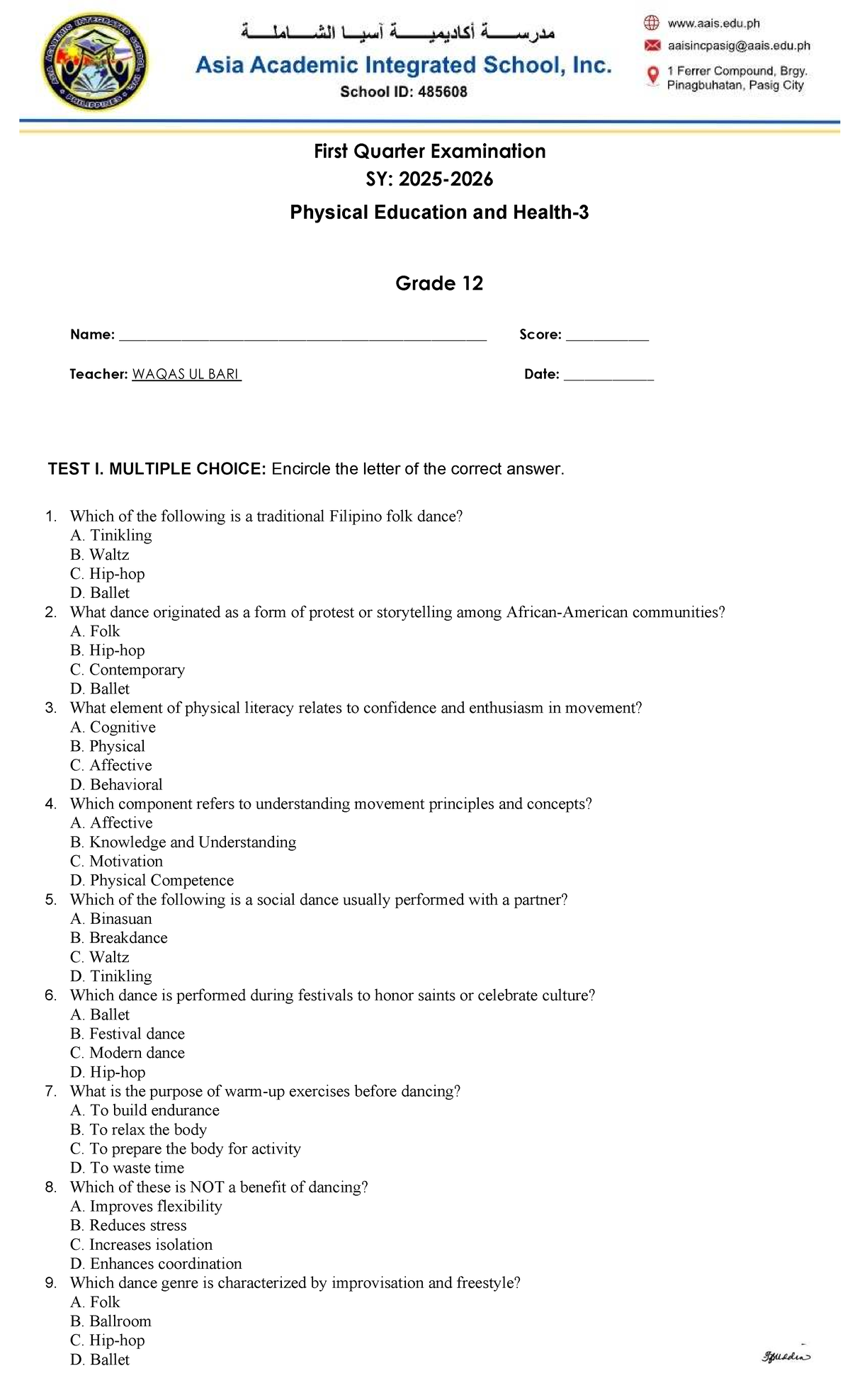 PE 3 Midterm Exam: Physical Education Grade 12 Questions - Studocu
