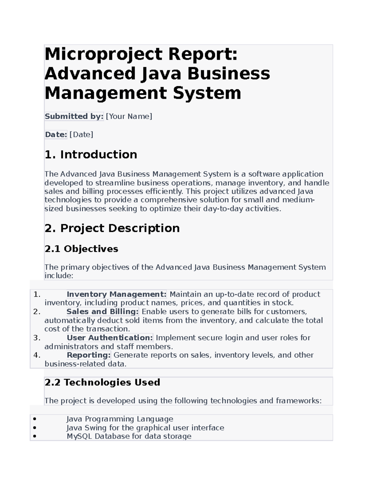 Microproject Report - Microproject Report: Advanced Java Business ...