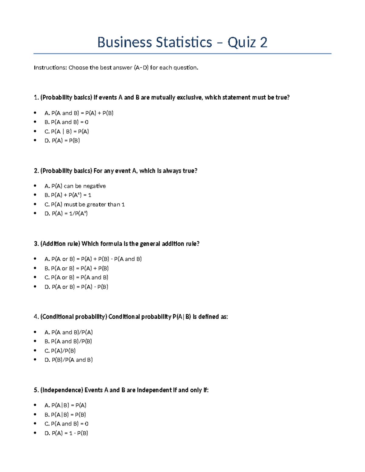 Business Statistics Quiz 2 Practice Questions - Studocu