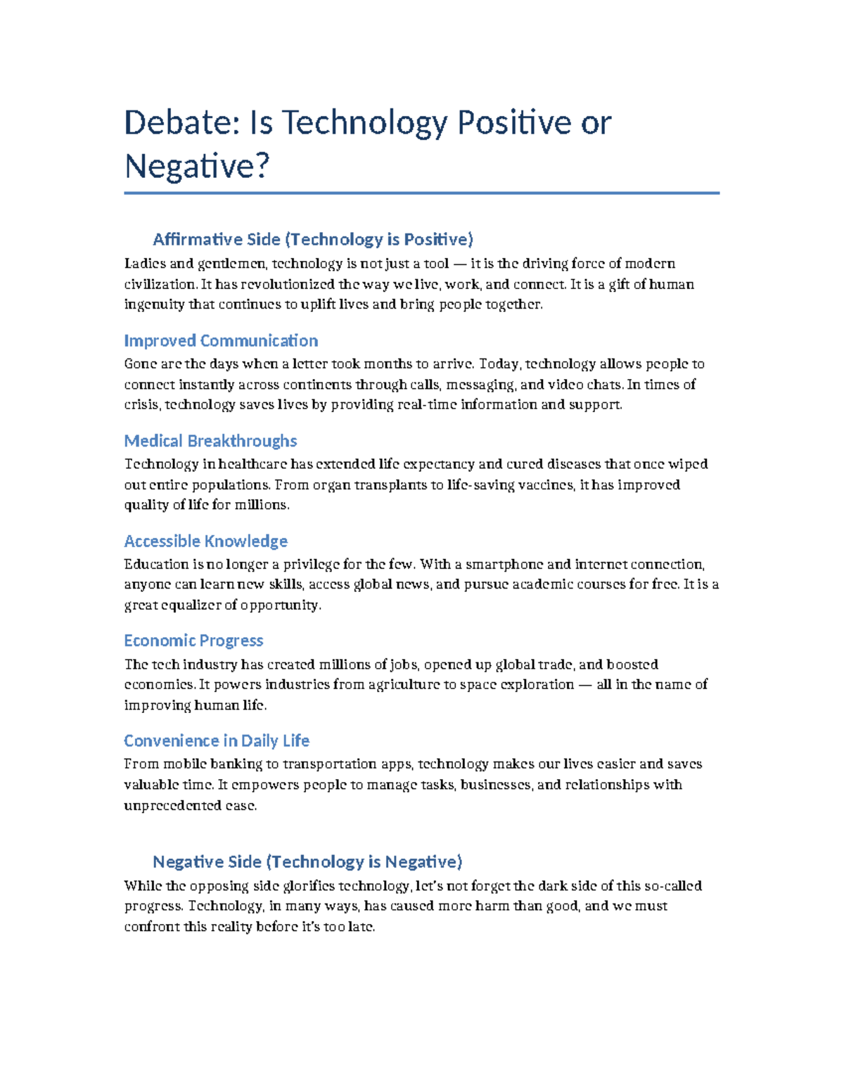 Debate: Is Technology Positive or Negative? Affirmative Perspective ...