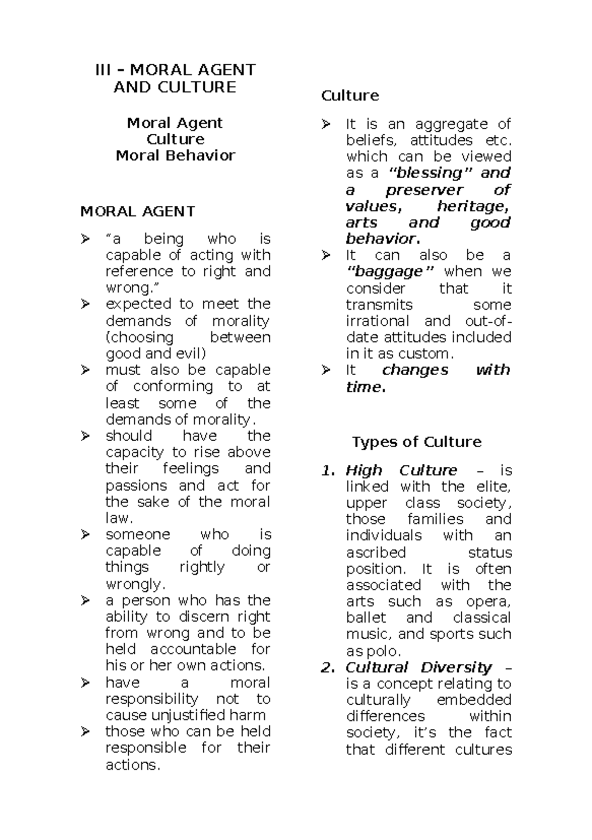 Moral Agent AND Culture - III – MORAL AGENT AND CULTURE Moral Agent Culture Moral Behavior MORAL ...
