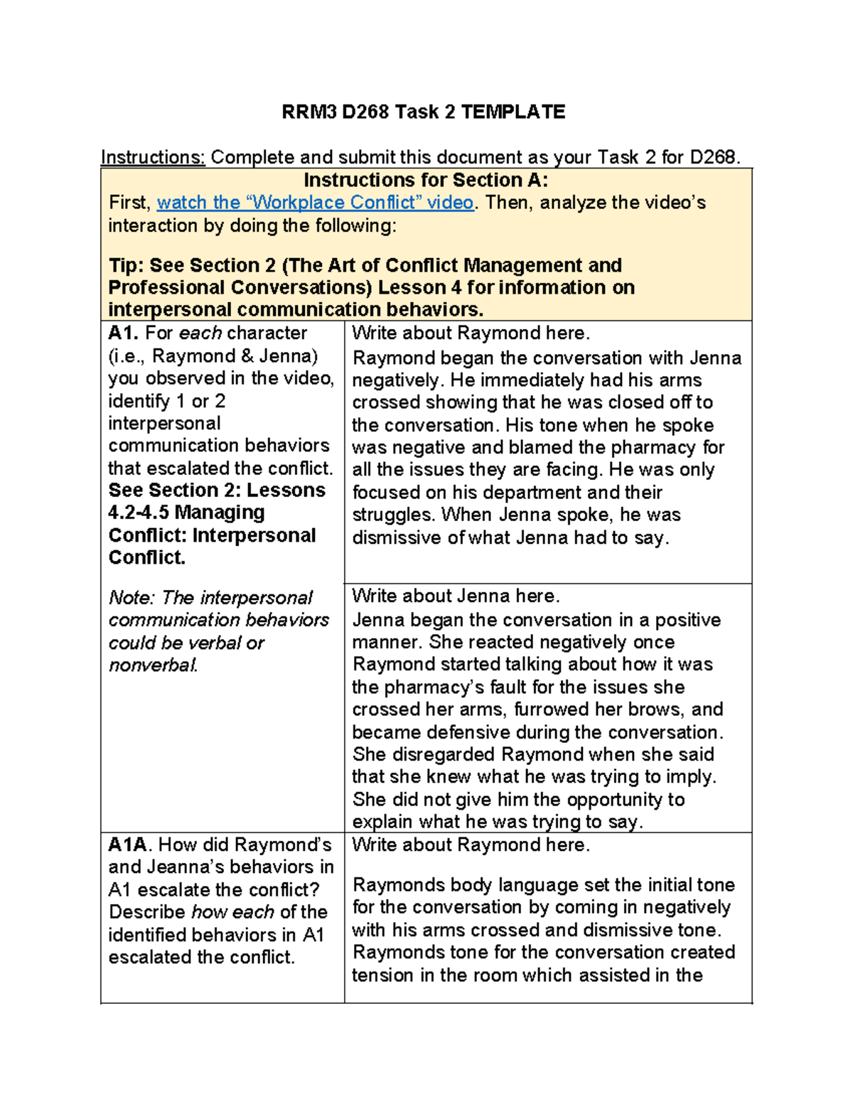 RRM3 D268 Task 2: Workplace Conflict Analysis and Resolution Template ...