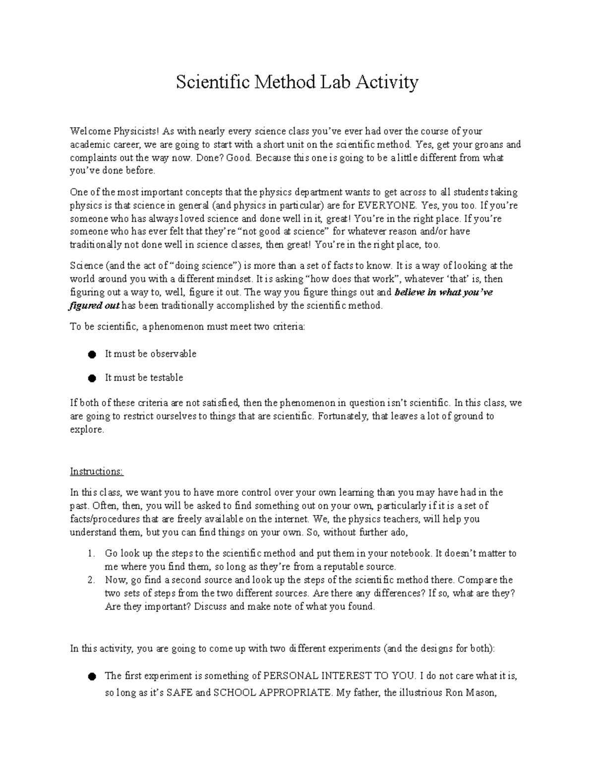 Scientific Method Lab Activity: Experiments for Personal Inquiry 21-22 ...