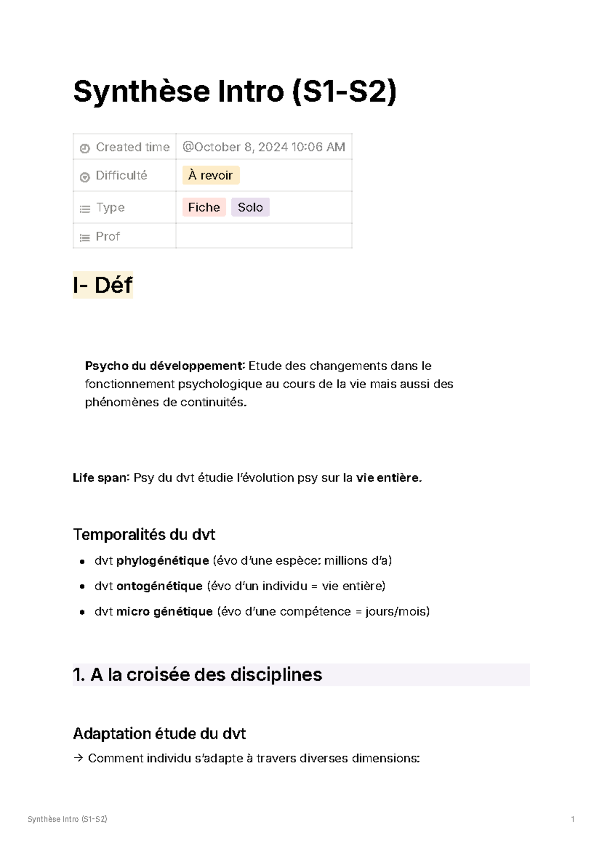 Synthèse sur la Psycho du Développement (Intro Psy) - Studocu