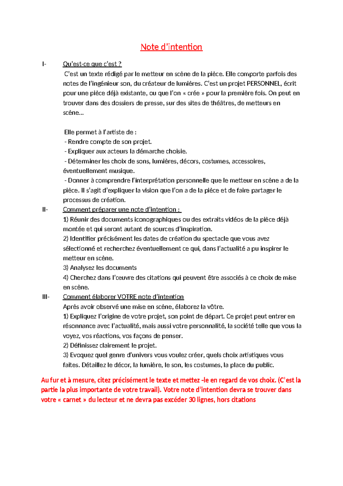 Note d'intention - Méthodologie de création théâtrale - Studocu