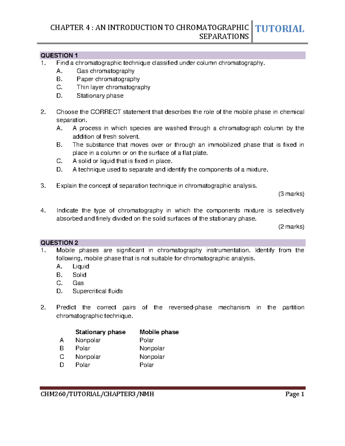 Tutorial 4 - CHM260 - Chromatographic Separations Analysis - Studocu