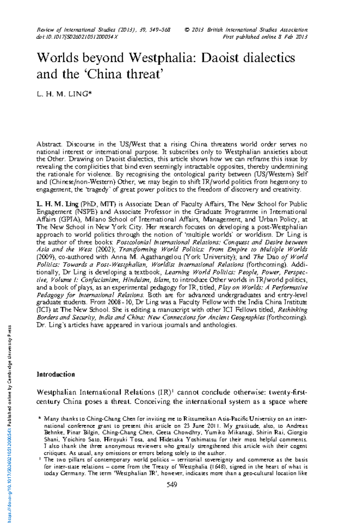Worlds Beyond Westphalia: Daoist Dialectics & the China Threat - Studocu