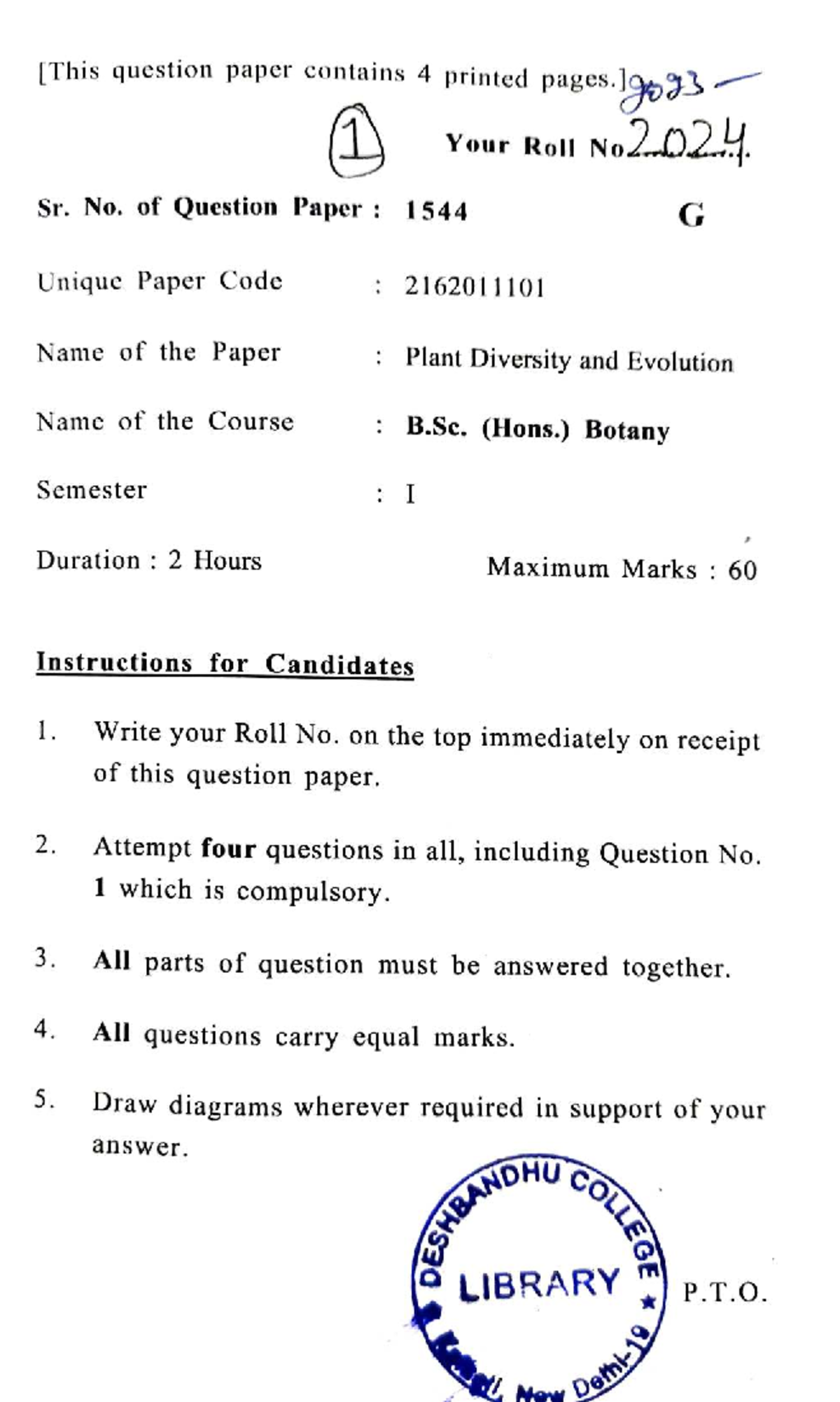 B.Sc. (Hons.) Botany I Sem 2023-24 Question Paper: Plant Diversity ...