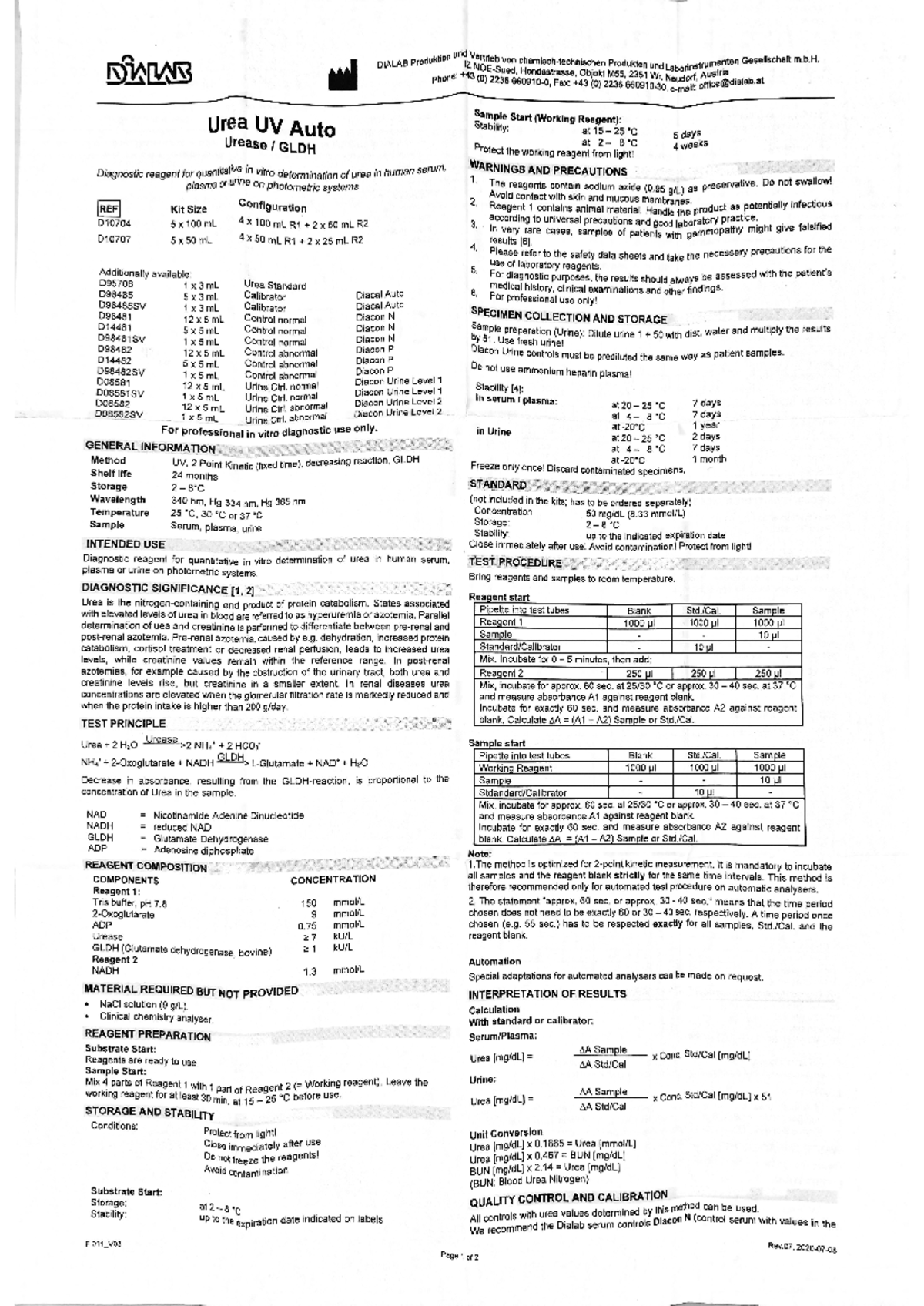 UREA- Dialab - PACKAGE INSERT - DALAB DIALAB Produktion und 12 Vertrieb ...