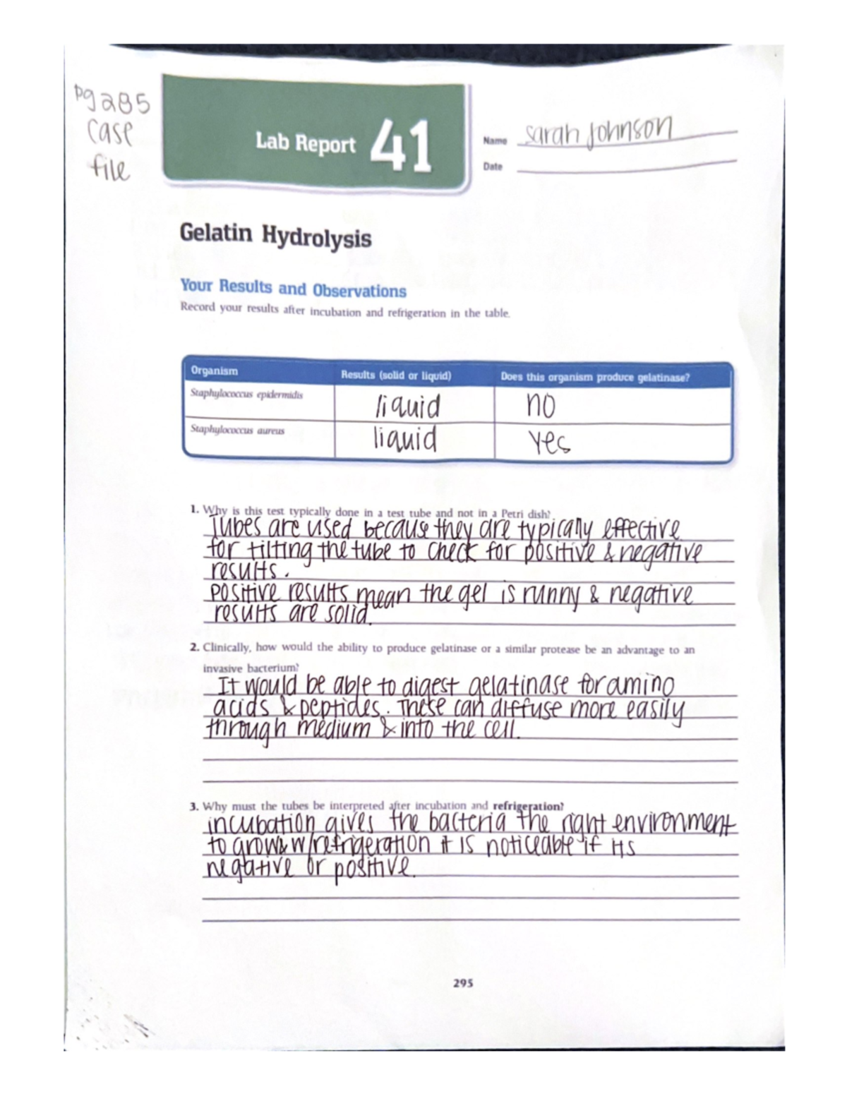 Lab Report 41: Gelatin Hydrolysis Results and Observations - Studocu