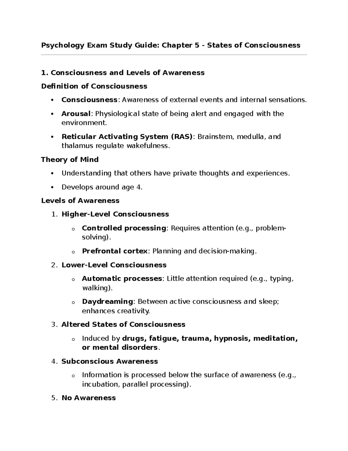 Quiz Study Guide: PSY 101 - Chapter 5: States of Consciousness - Studocu