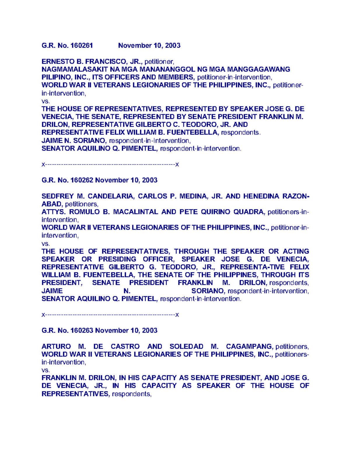 G.R. No. 160261-160376 November 10, 2003: Key Legal Proceedings Summary ...