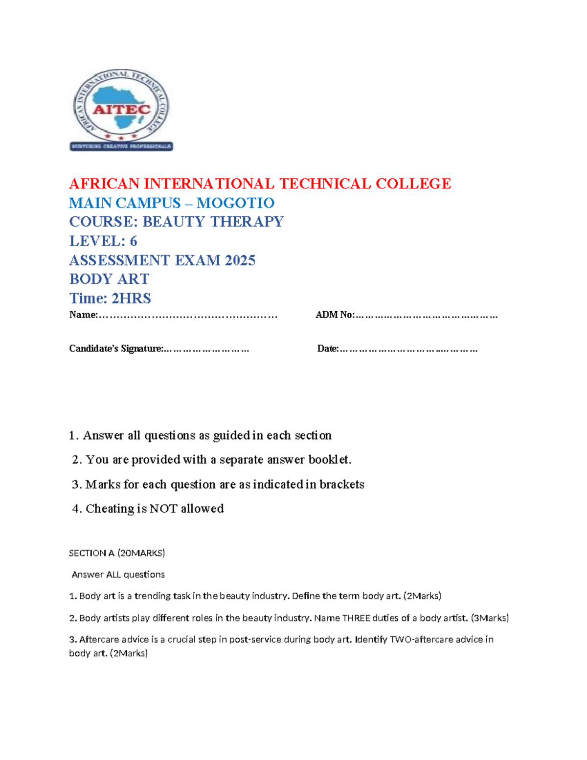 BEAUTY THERAPY LEVEL 6 ASSESSMENT EXAM: BODY ART 2025 - Studocu