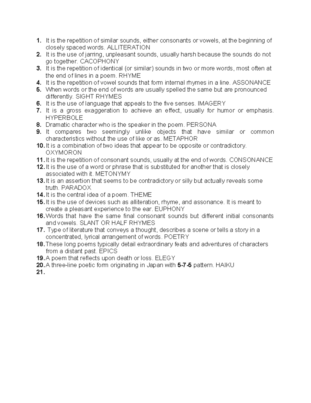 21st QUIZ 3 - Literary Devices and Poetic Terms Guide - Studocu