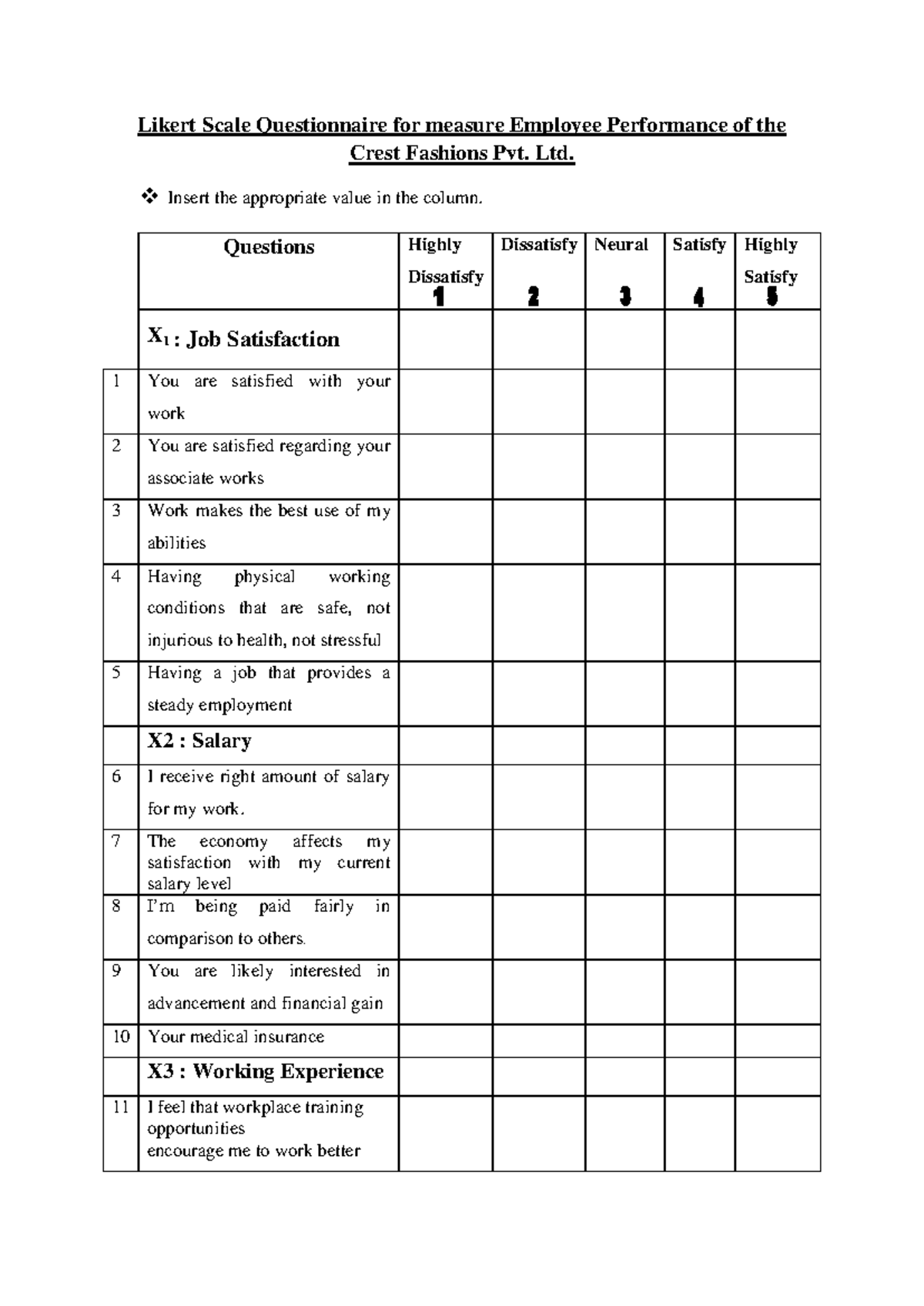 Likert Scale Questionnaire for Employee Performance Measurement - Studocu