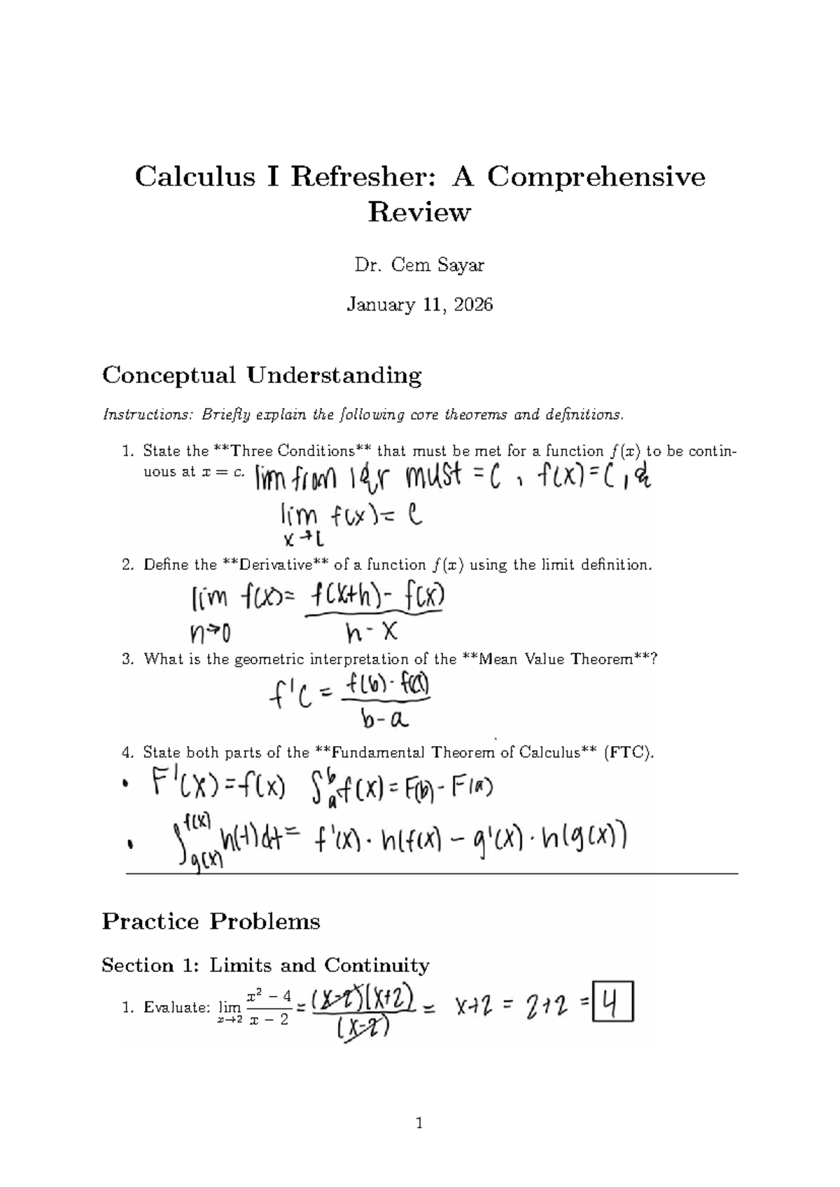 Calculus I (MATH101) Final Exam Review: Core Theorems & Practice ...