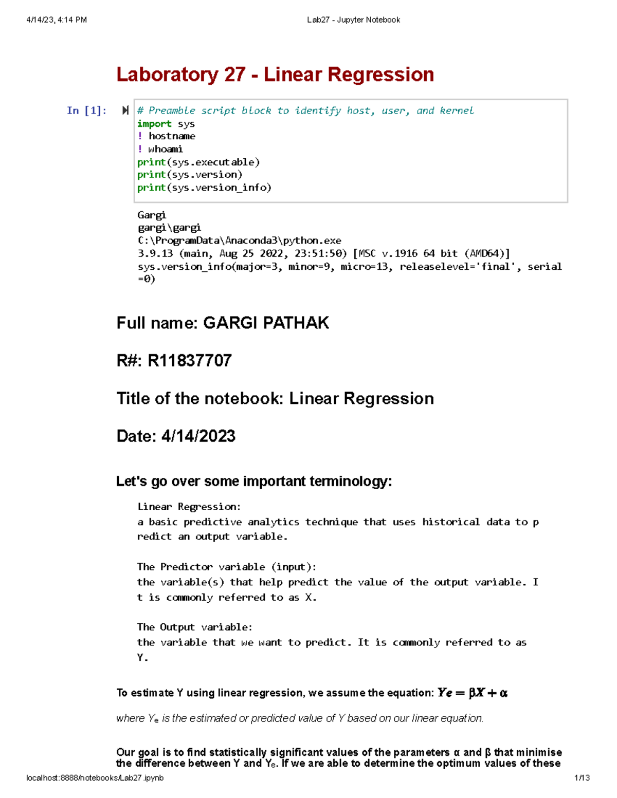 Lab27 - Jupyter Notebook - Laboratory 27 - Linear Regression In [1]: Full name: GARGI PATHAK R ...