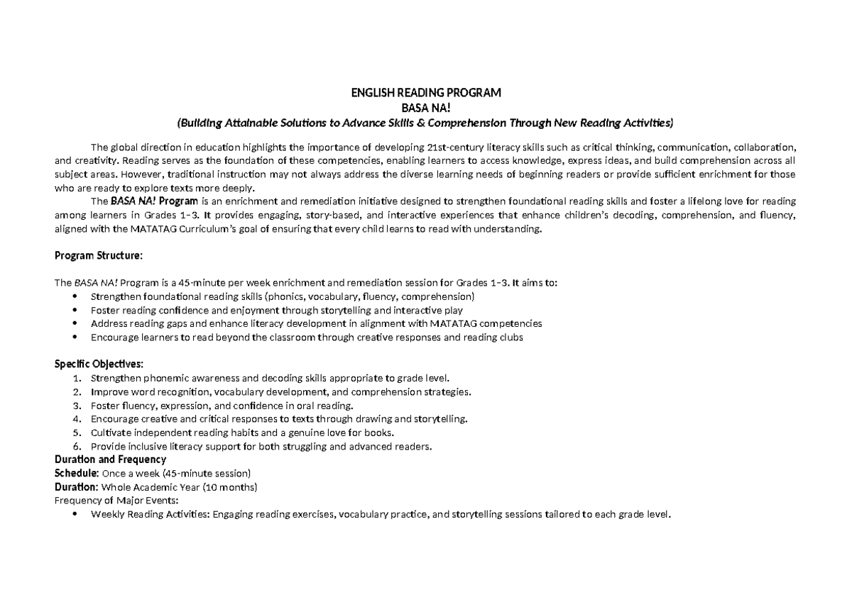 ENG 122 - BASA NA! Reading Program Action Plan for Literacy Development ...