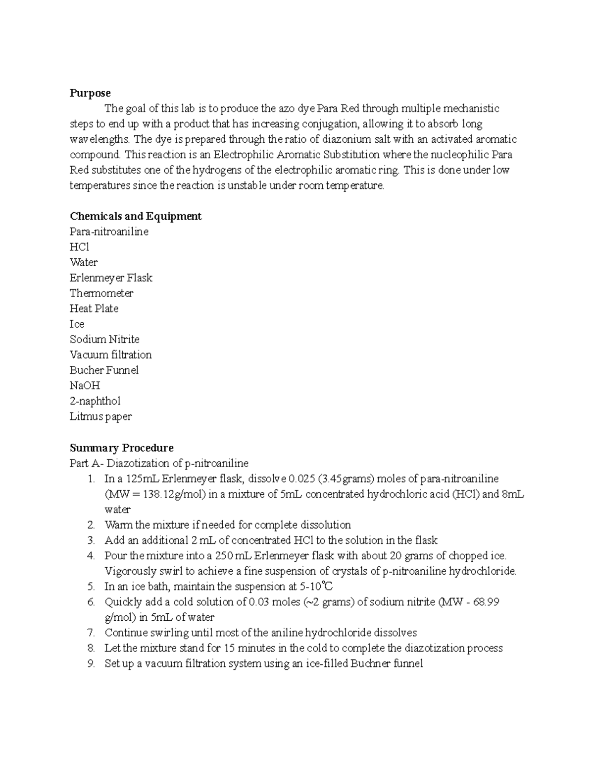Chem 225 Lab: Synthesis and Reactions of Para Red Dye from Diazonium ...