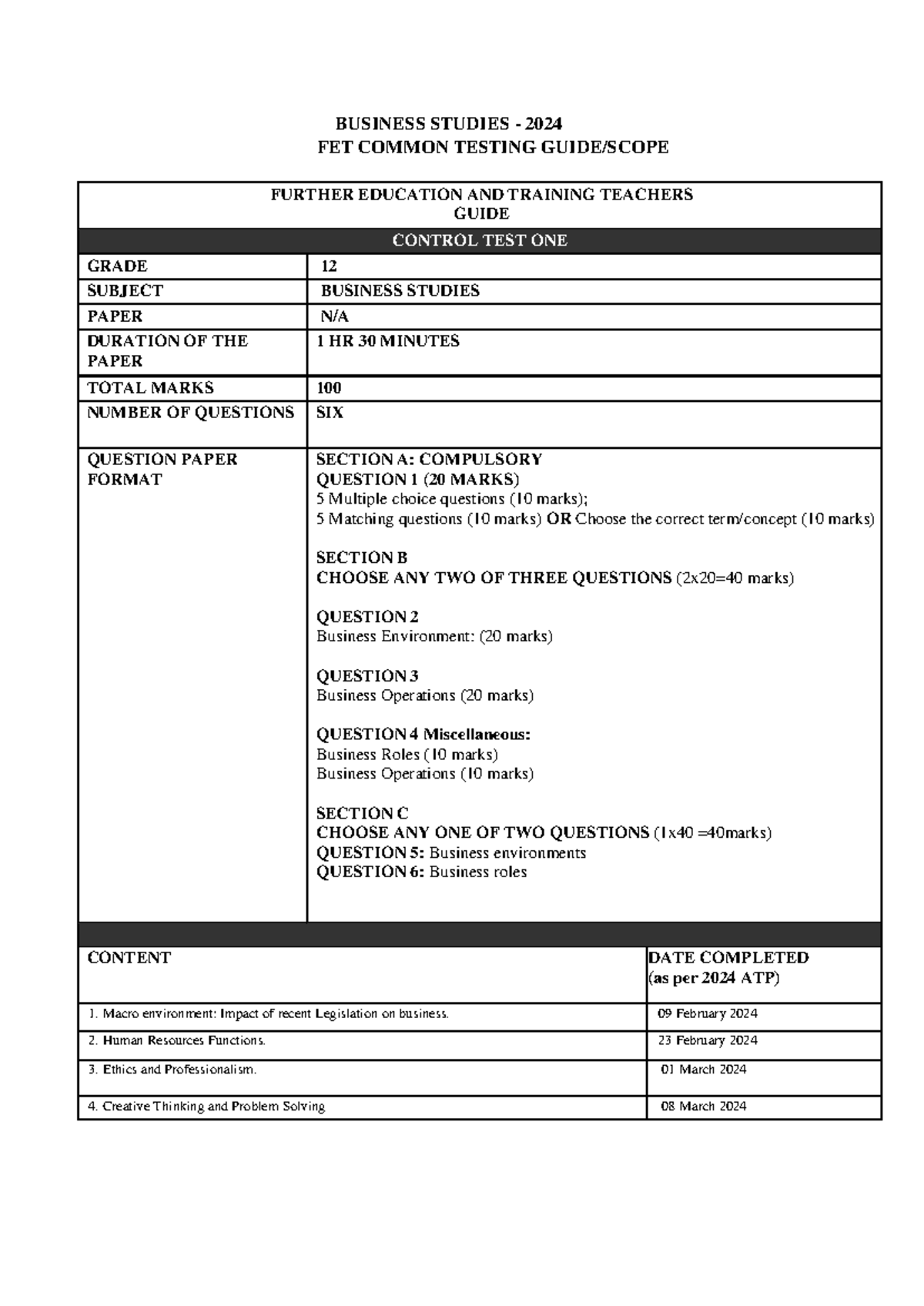 BSTD 12 Business Studies 2024 Comprehensive Testing Guide - Studocu