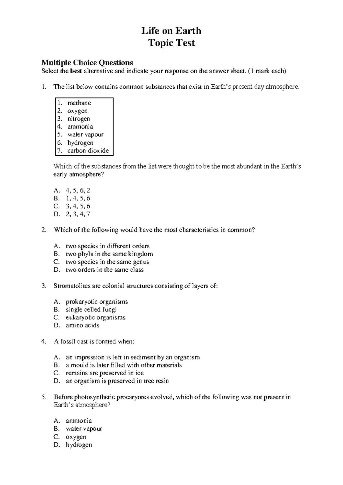 Life on Earth Topic Test: Multiple Choice Questions and Answer Sheet ...