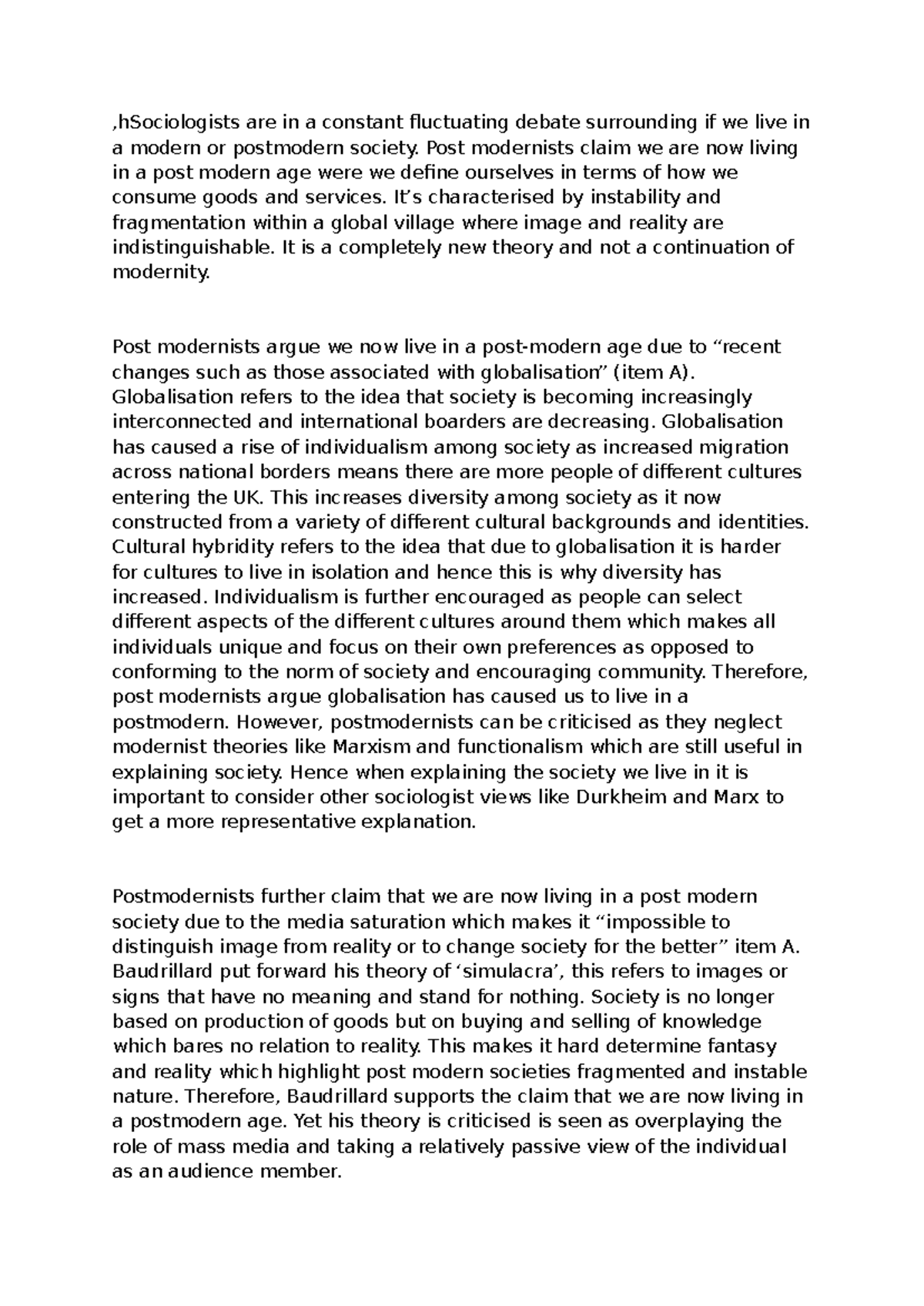 Postmodernism: 20 Mark Essay Notes on Society and Globalisation - Studocu
