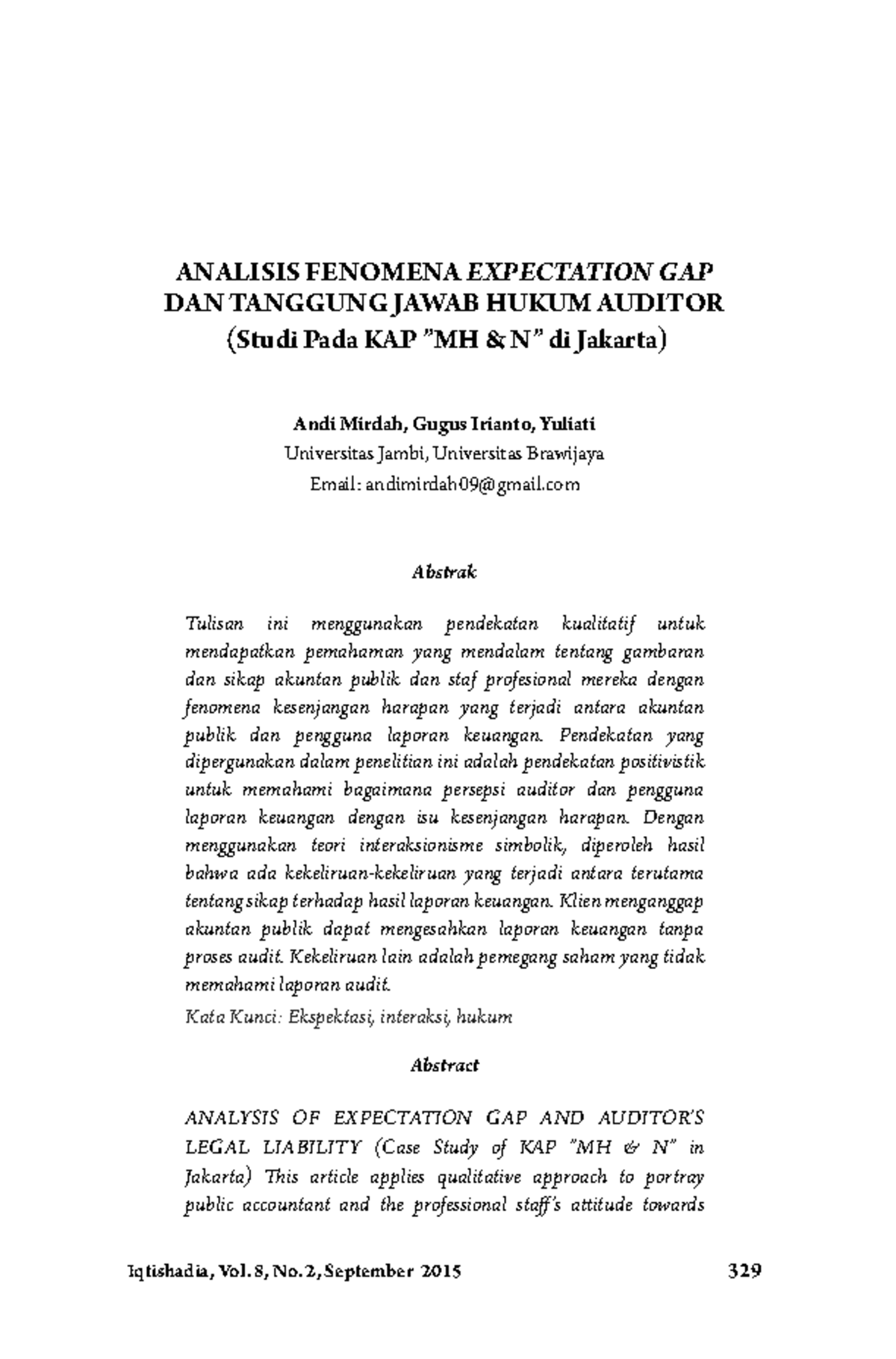 ANALISIS FENOMENA GAP HARAPAN DAN TANGGUNG JAWAB HUKUM AUDITOR (KAP ...