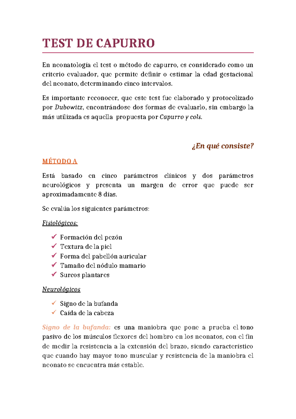 TEST DE CAPURRO: Evaluación de Edad Gestacional en Neonatología - Studocu