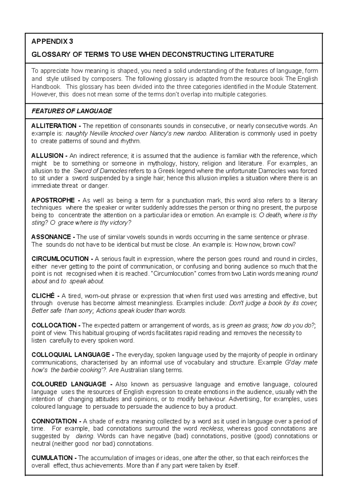 HSC Glossary of Literary Terms for Narrative Analysis - Studocu
