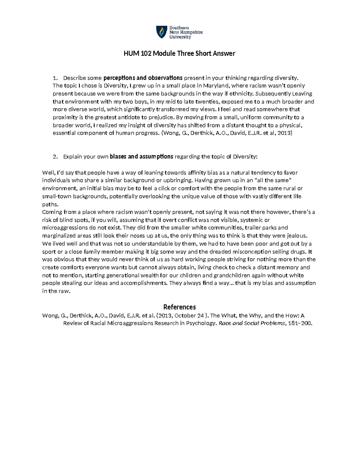 ALC HUM 102 Module Three Short Answer: Reflections on Diversity - Studocu