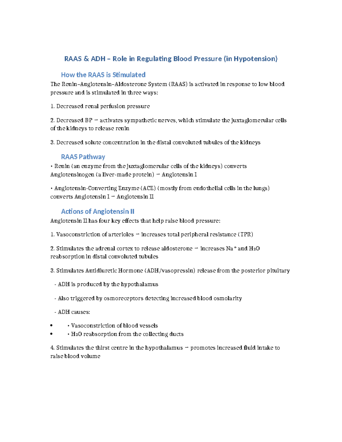 RAAS & ADH: Mechanisms in Blood Pressure Regulation - Studocu