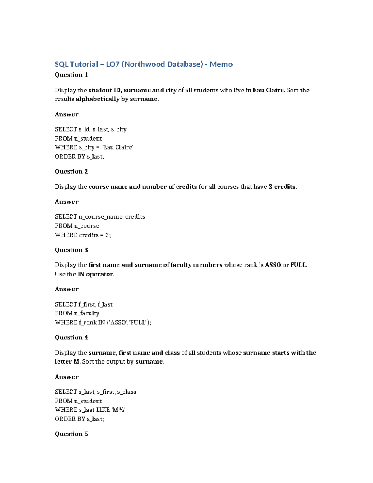 SQL Tutorial LO7: Northwood Database Queries and Answers - Studocu
