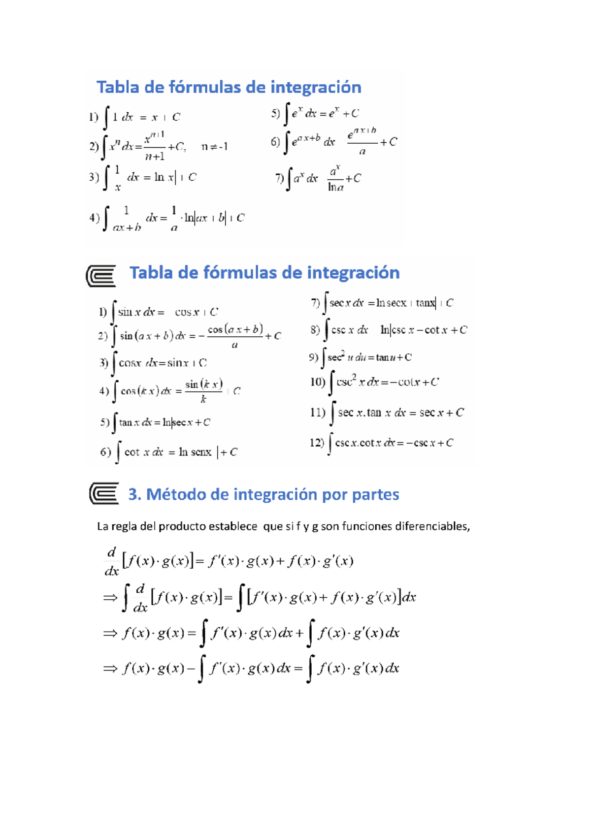 Formulario de Cálculo Integral UC: Fórmulas y Métodos de Integración - Studocu