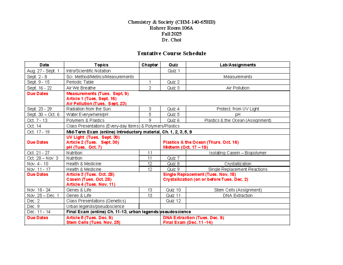 Course Schedule CHM-140-65HB Fall 2025: Dr. Choi's Tentative Plan - Studocu