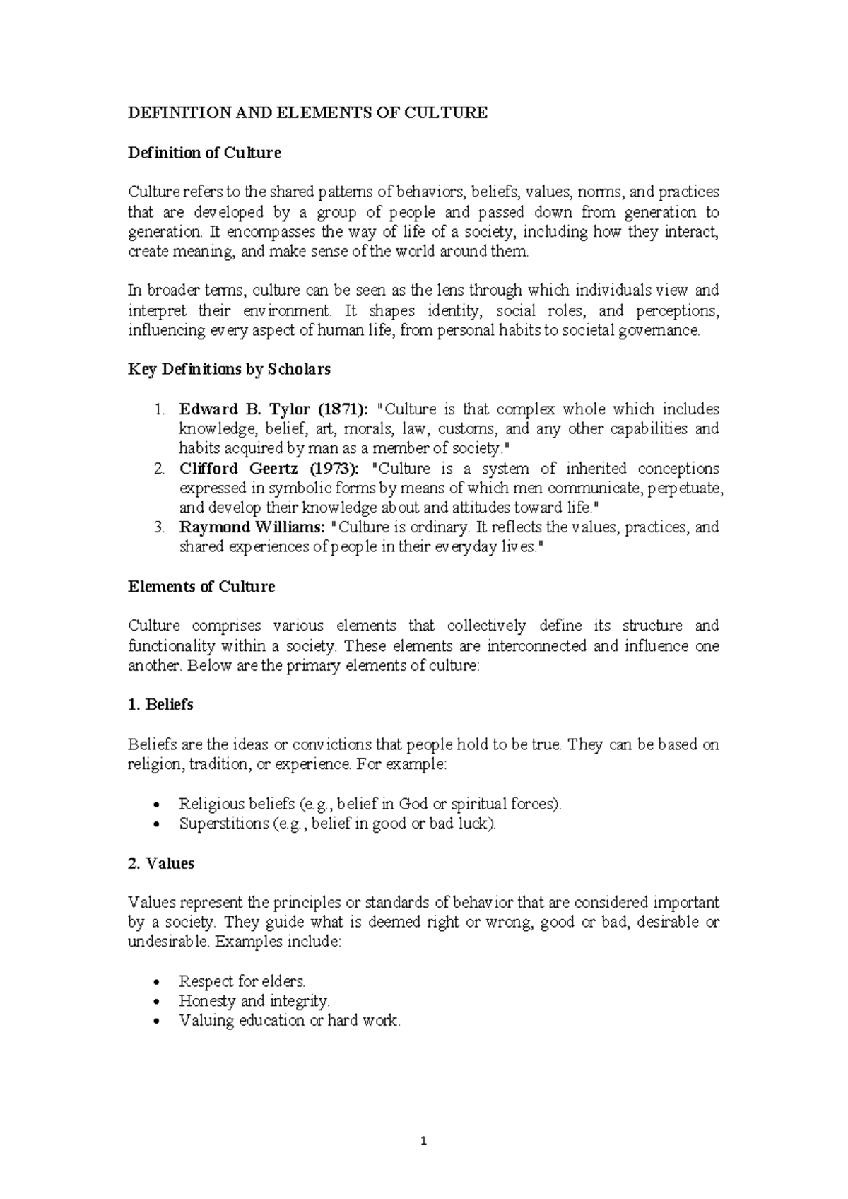 CULT 101: Definition and Elements of Culture Overview - Studocu