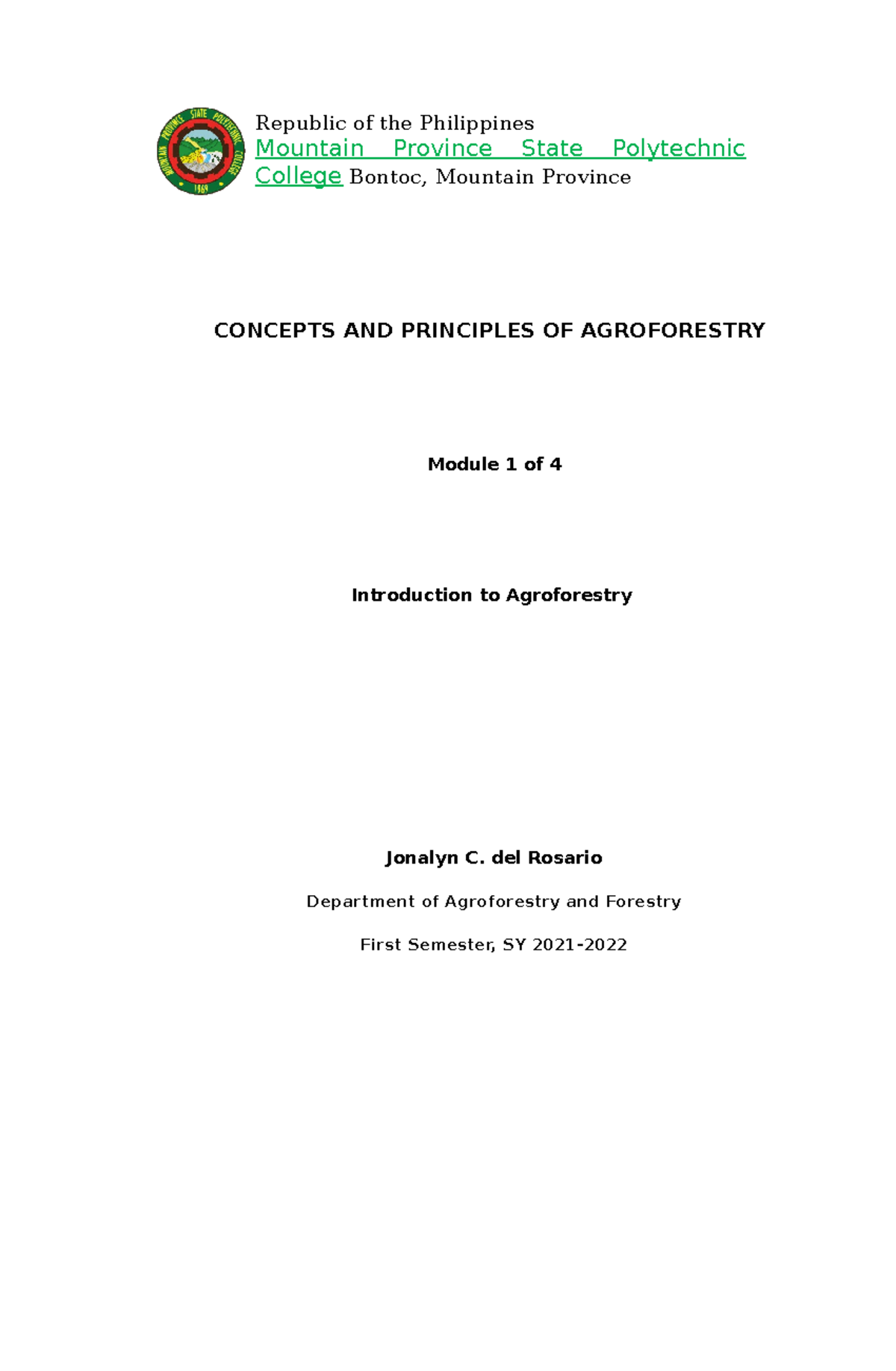 Module 1 - Concepts & Principles of Agroforestry (AAC 12) - Studocu