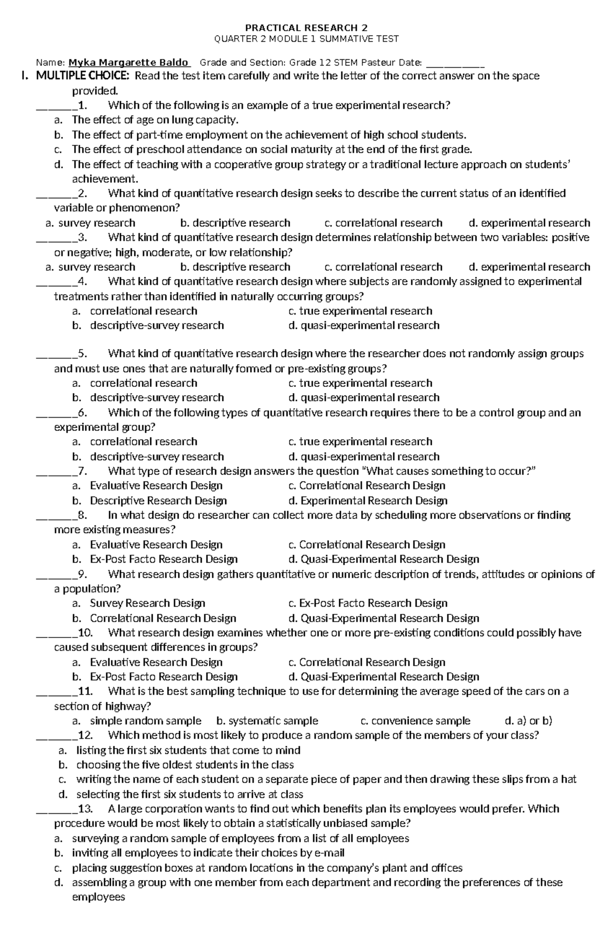Q2 Module 1 Lesson 1-7 Summative TEST - PRACTICAL RESEARCH 2 QUARTER 2 ...