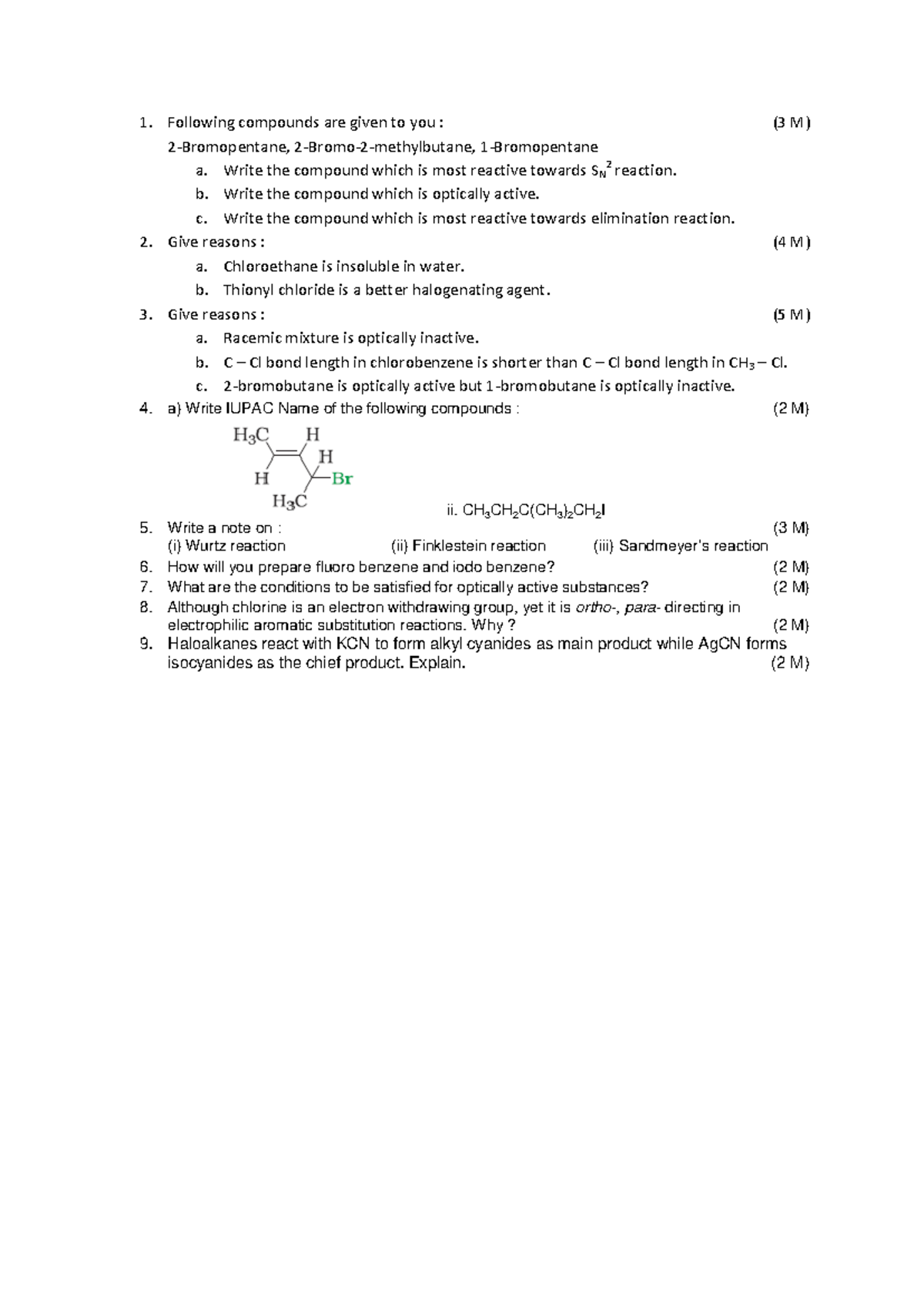 Haloalkanes Test 25 (091848): Reactivity, Optical Activity & Reactions ...