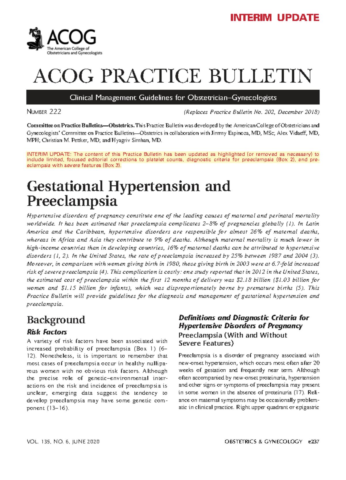 Practice Bulletin: Gestational Hypertension and Preeclampsia Guidelines ...