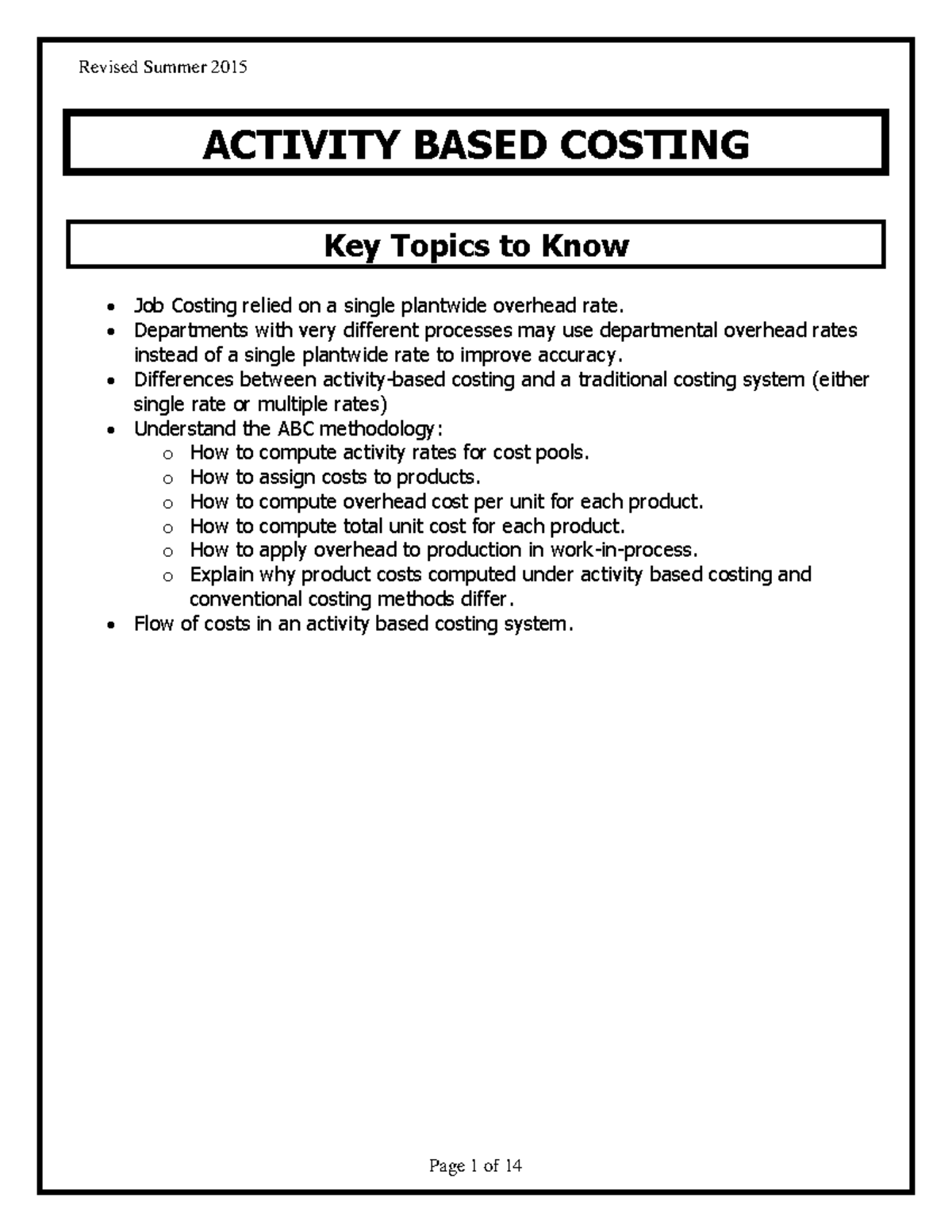 Activity Based Costing ER new Sample Problems - ACTIVITY BASED COSTING Key Topics to Know Job ...