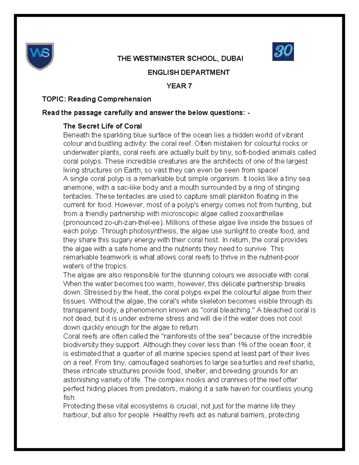 Year 7 Reading Comprehension: The Secret Life of Coral - Studocu