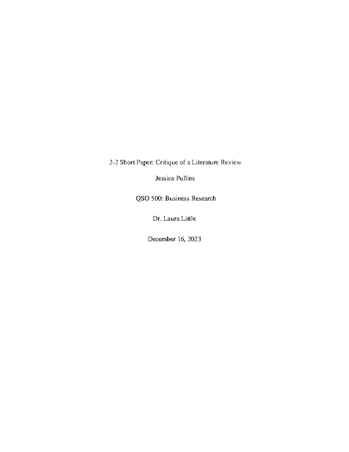QSO500 Short Paper - literature review analysis - 2 - 2 Short Paper ...