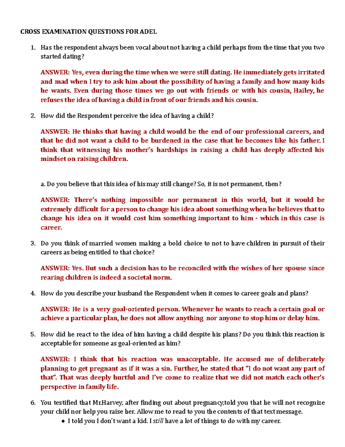 Cross Examination Questions FOR ADEL - CROSS EXAMINATION QUESTIONS FOR ...