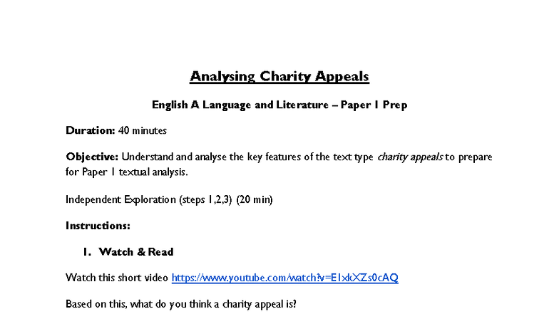 Charity Appeals Analysis - English A Lang & Lit Paper 1 Prep - Studocu