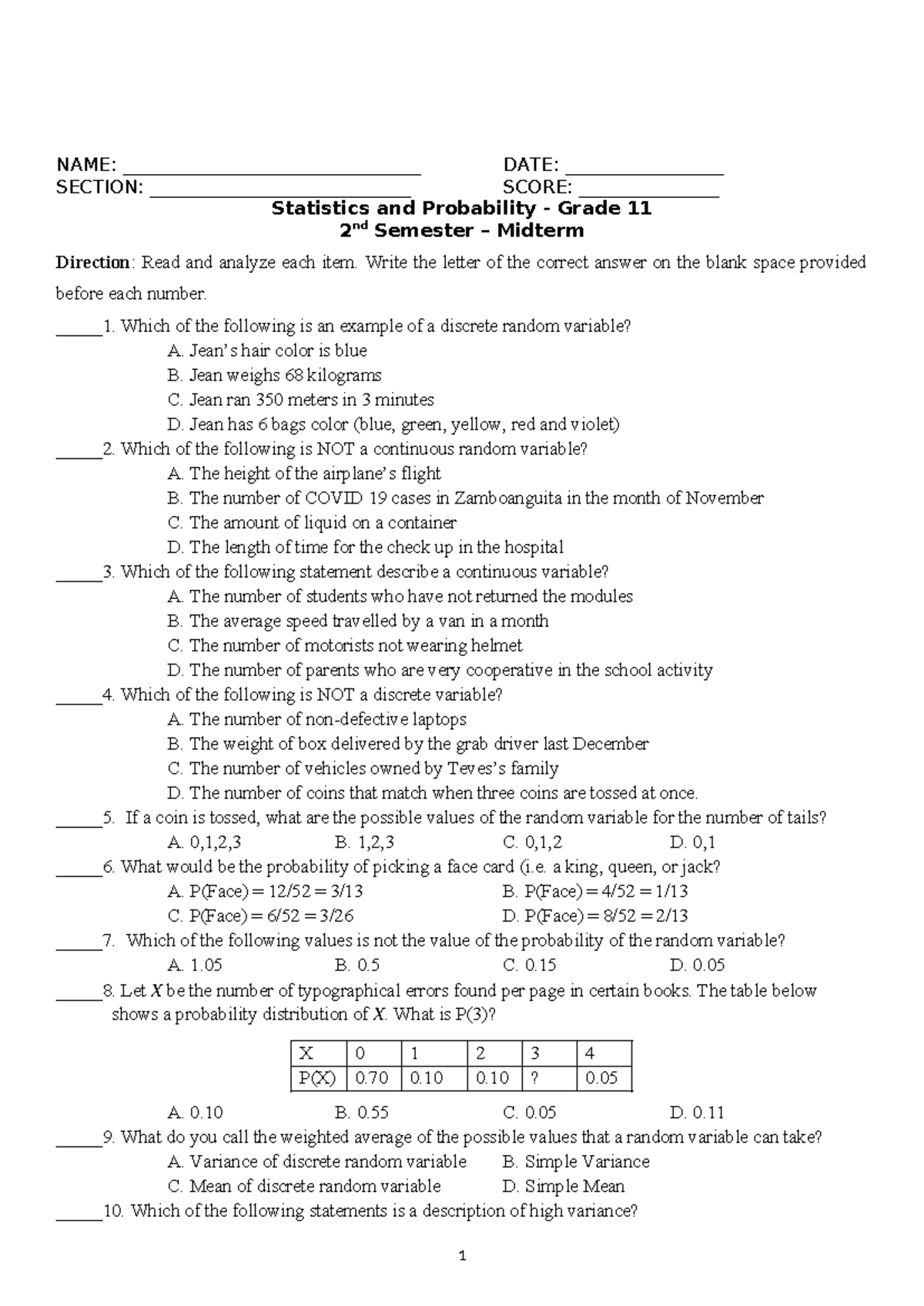 Stat-Prob-11 3rd-Quarter-Assessment - NAME ...
