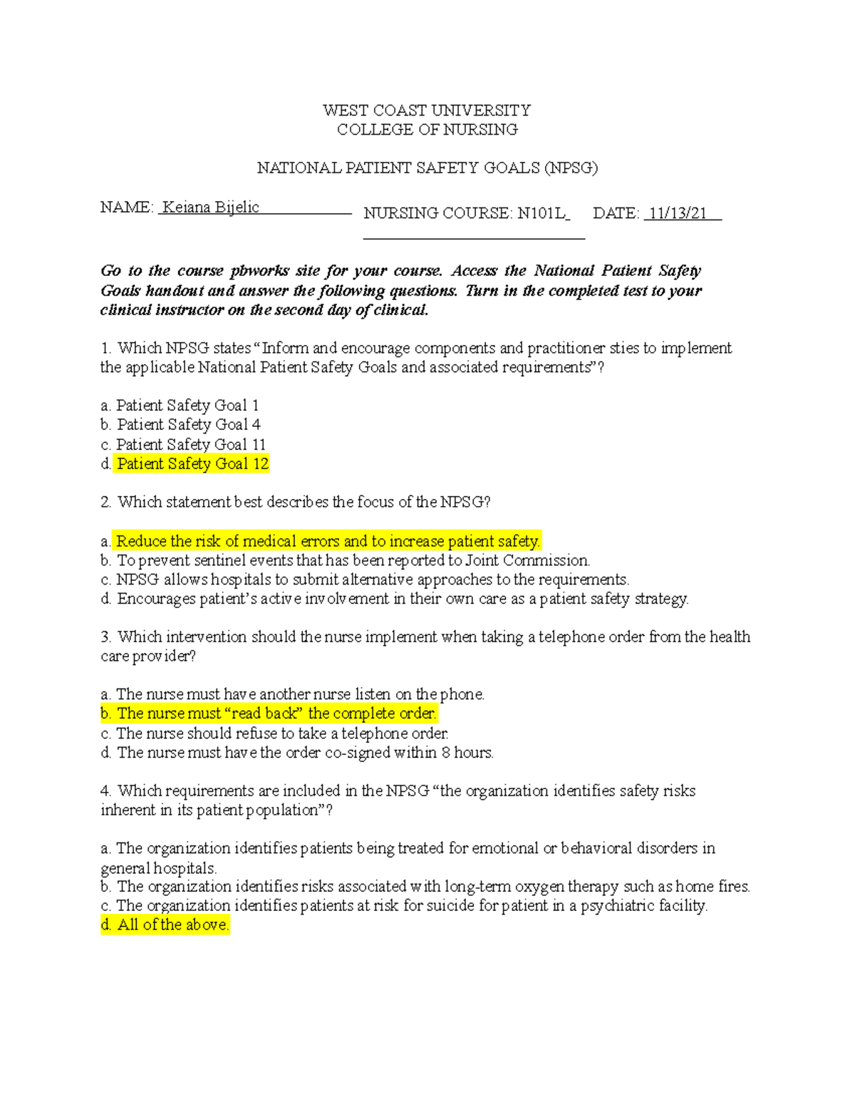 NURS101L National Patient Safety Goal Quiz Questions and Answers - Studocu