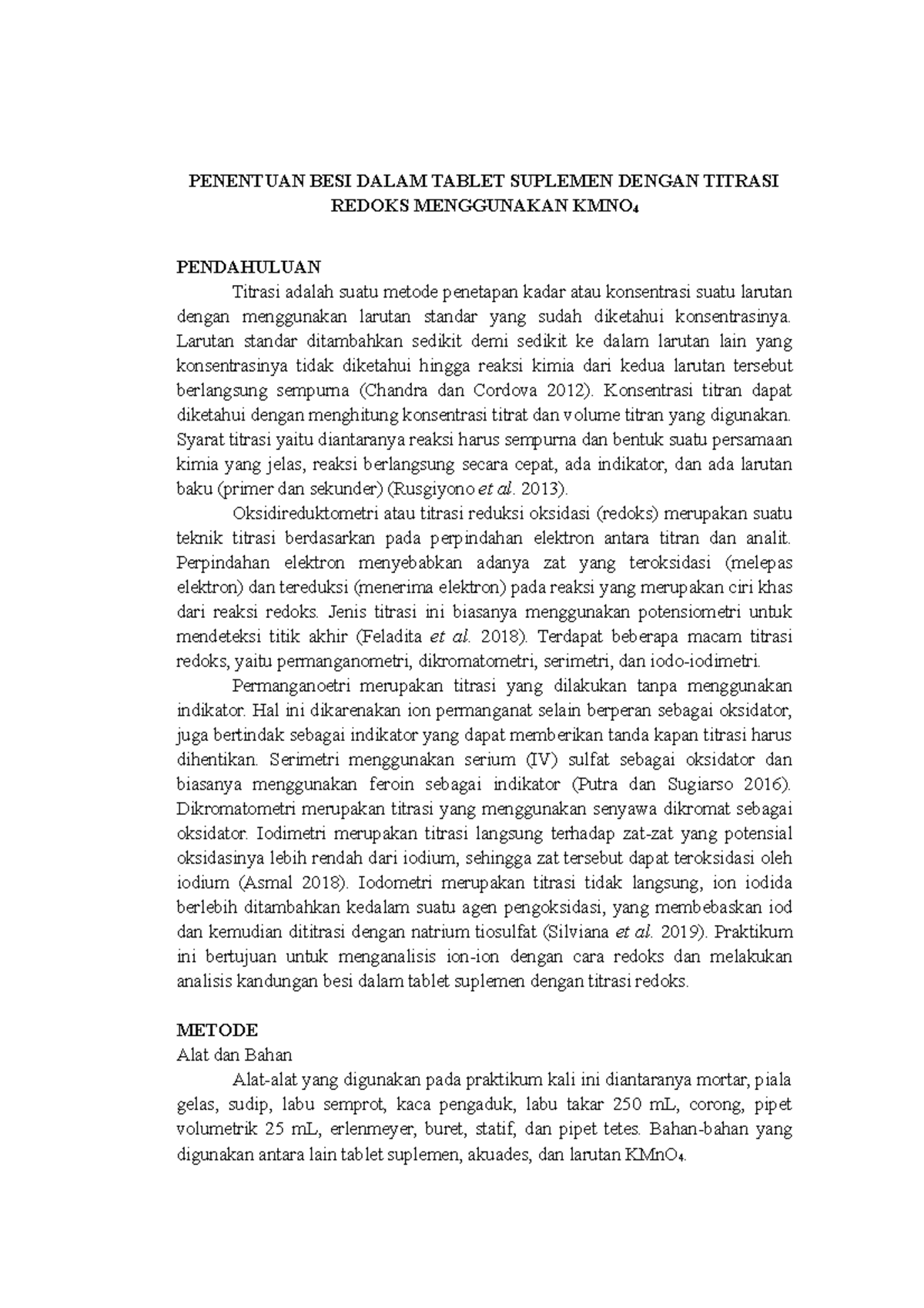 Analisis Kadar Besi dalam Tablet Suplemen Melalui Titrasi Redoks - Studocu