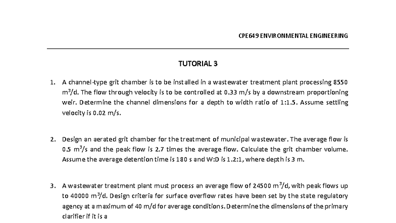 CPE649 Environmental Engineering Tutorial 3: Grit Chamber Design - Studocu